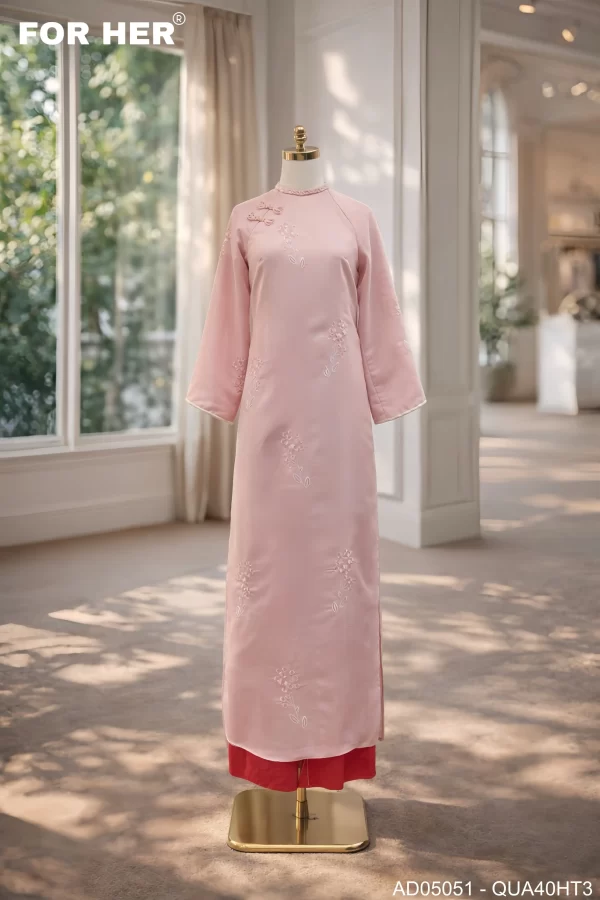 Áo dài Vân An 4 tà hoa nhí hồng AD05051 – For Her Fashion
